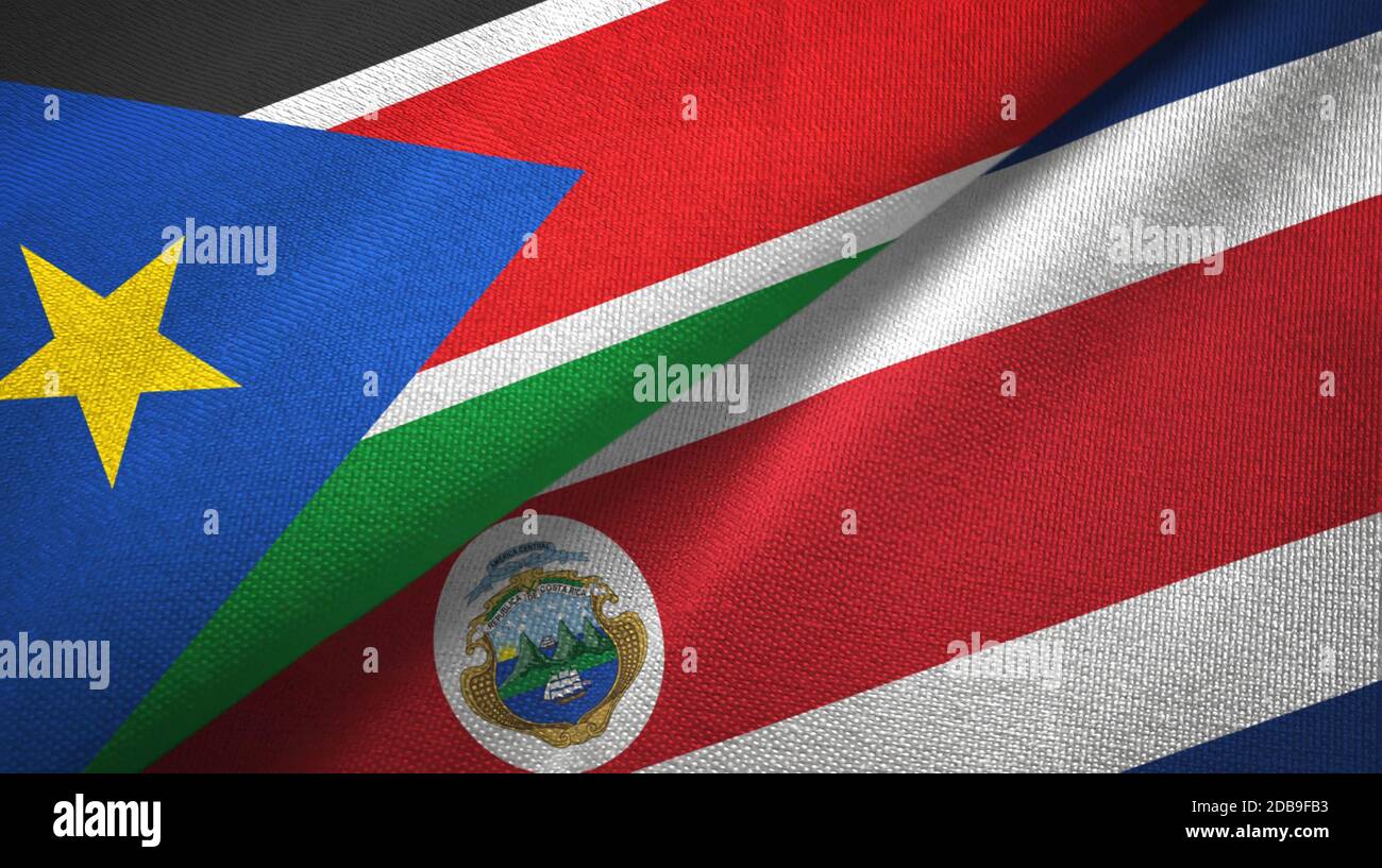 South Sudan and Costa Rica two flags textile cloth, fabric texture ...