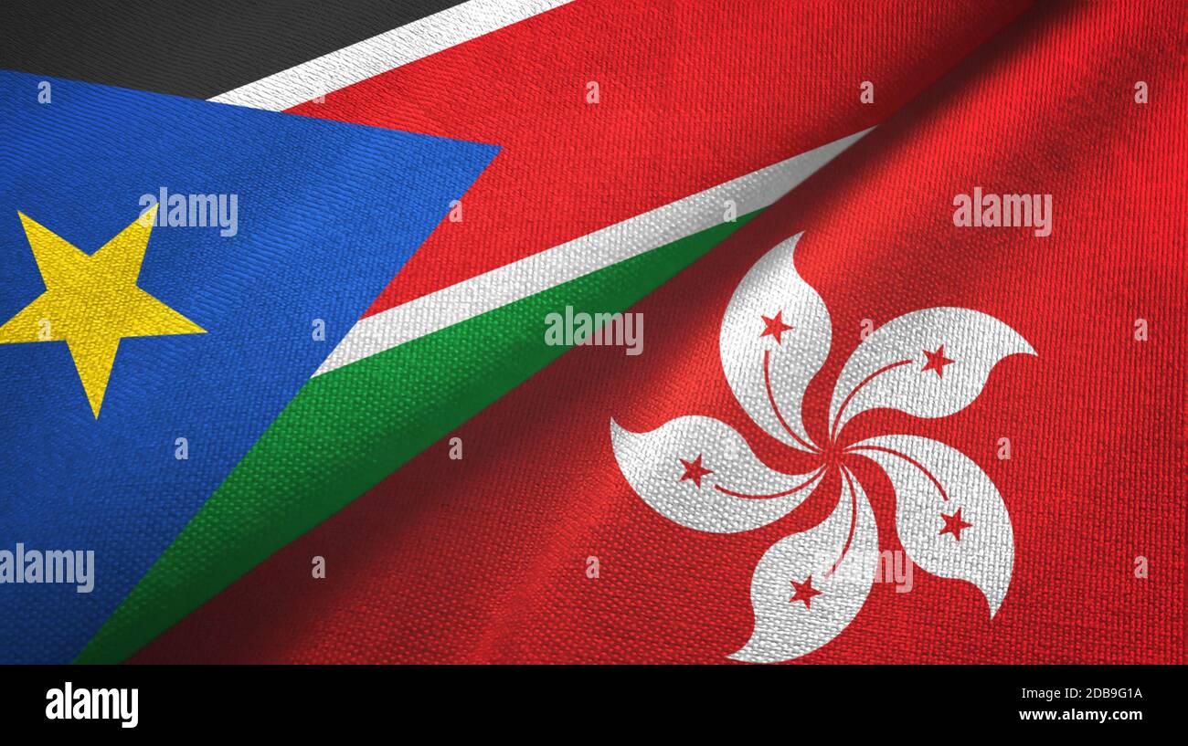 South Sudan and Hong Kong two flags textile cloth, fabric texture Stock ...
