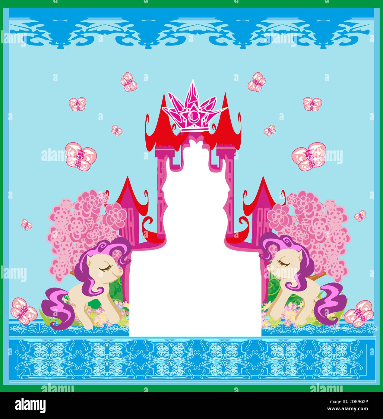 Beautiful unicorn and fairy-tale princess castle frame Stock Photo - Alamy