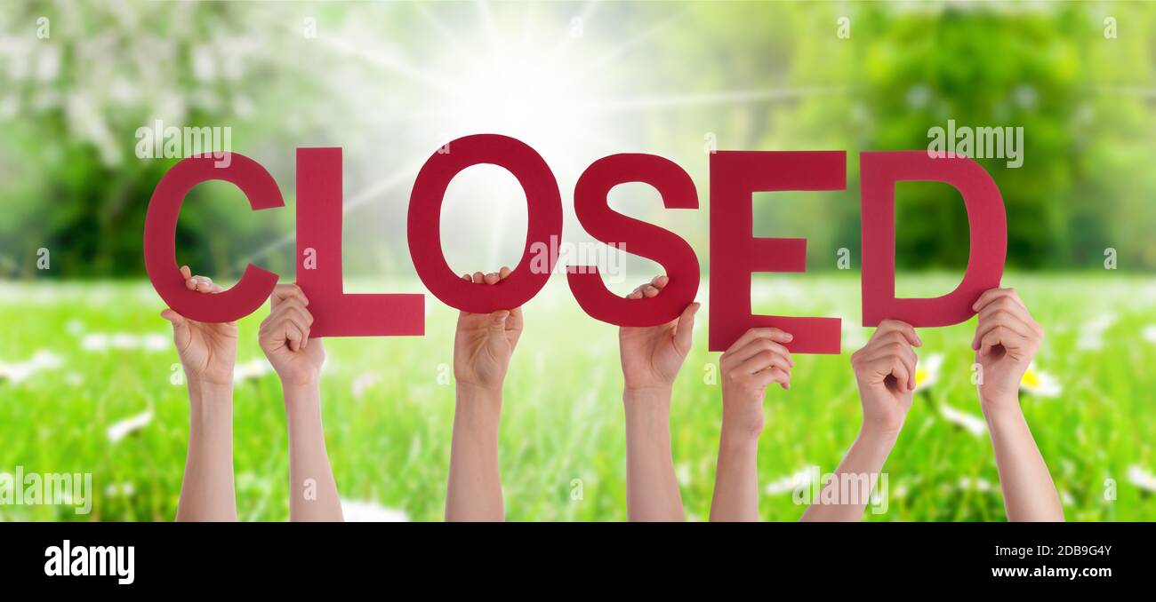 People Hands Holding Colorful English Word Closed. Sunny Green Grass ...