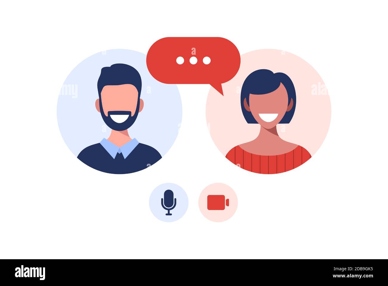 Illustration of two happy people talking via video call. Smiling men ...