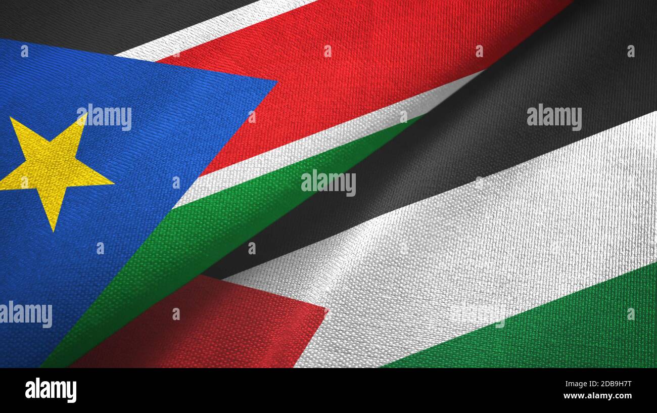South Sudan and Palestine two flags textile cloth, fabric texture Stock ...