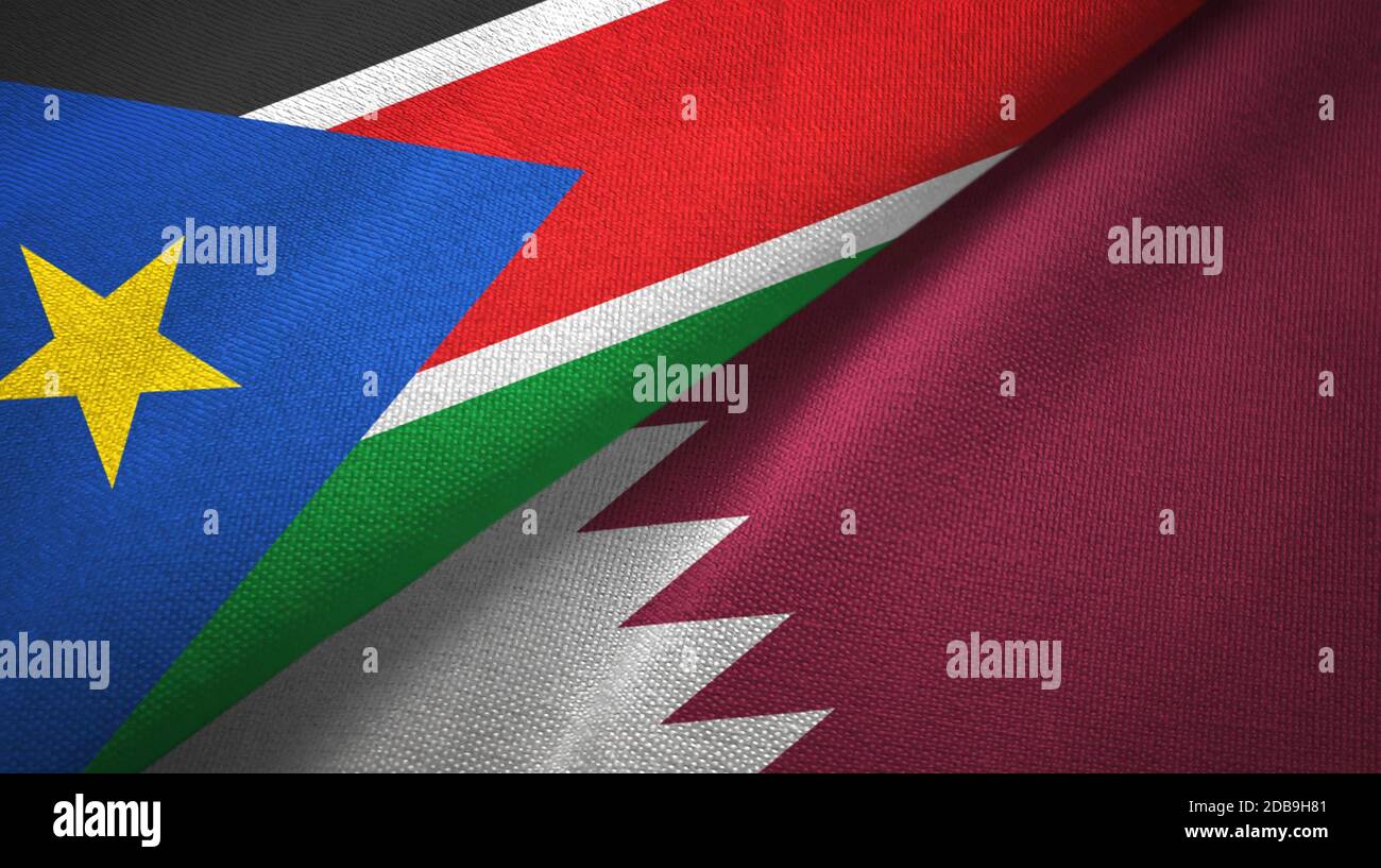 South Sudan and Qatar two flags textile cloth, fabric texture Stock ...