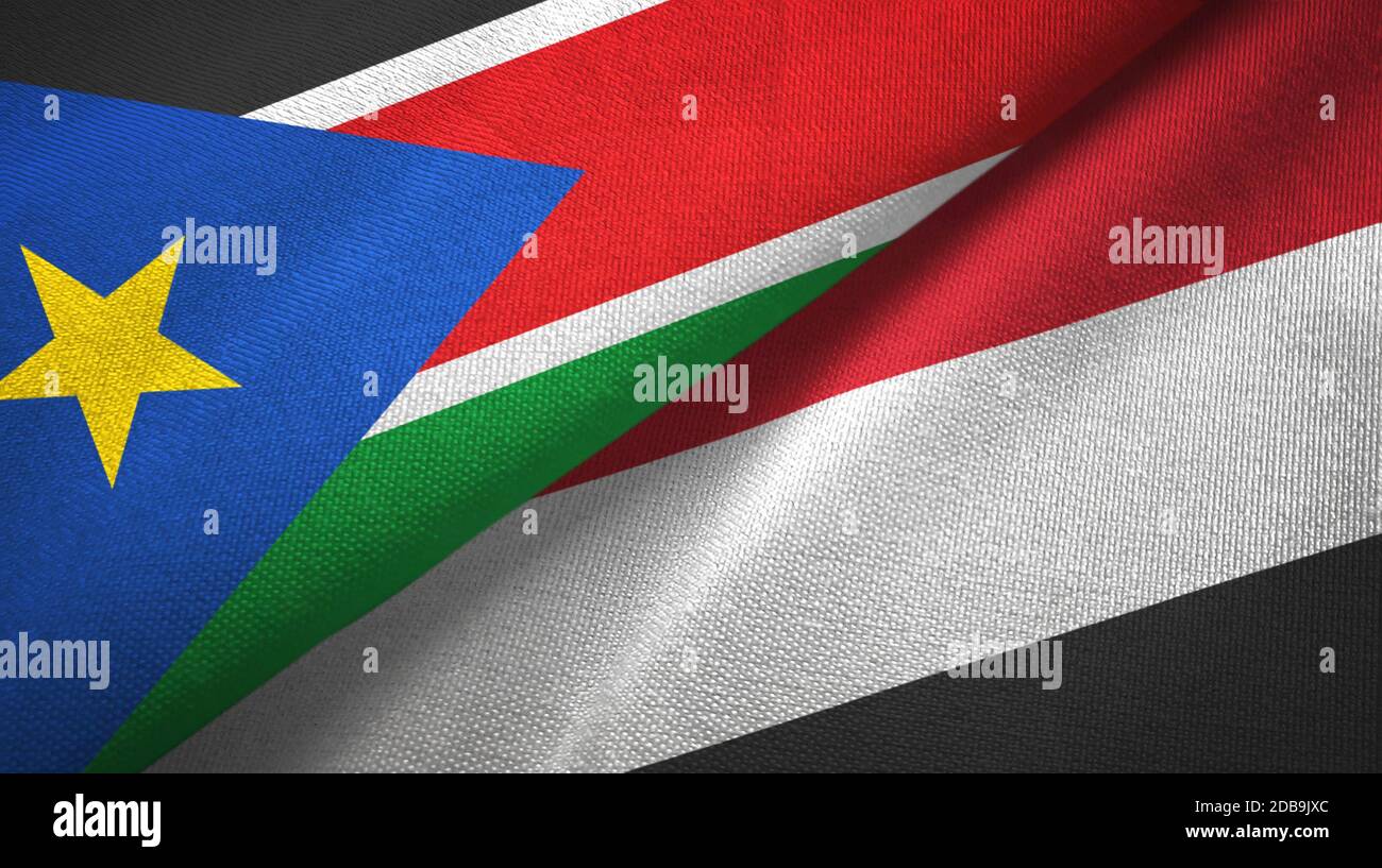 South Sudan and Yemen two flags textile cloth, fabric texture Stock ...