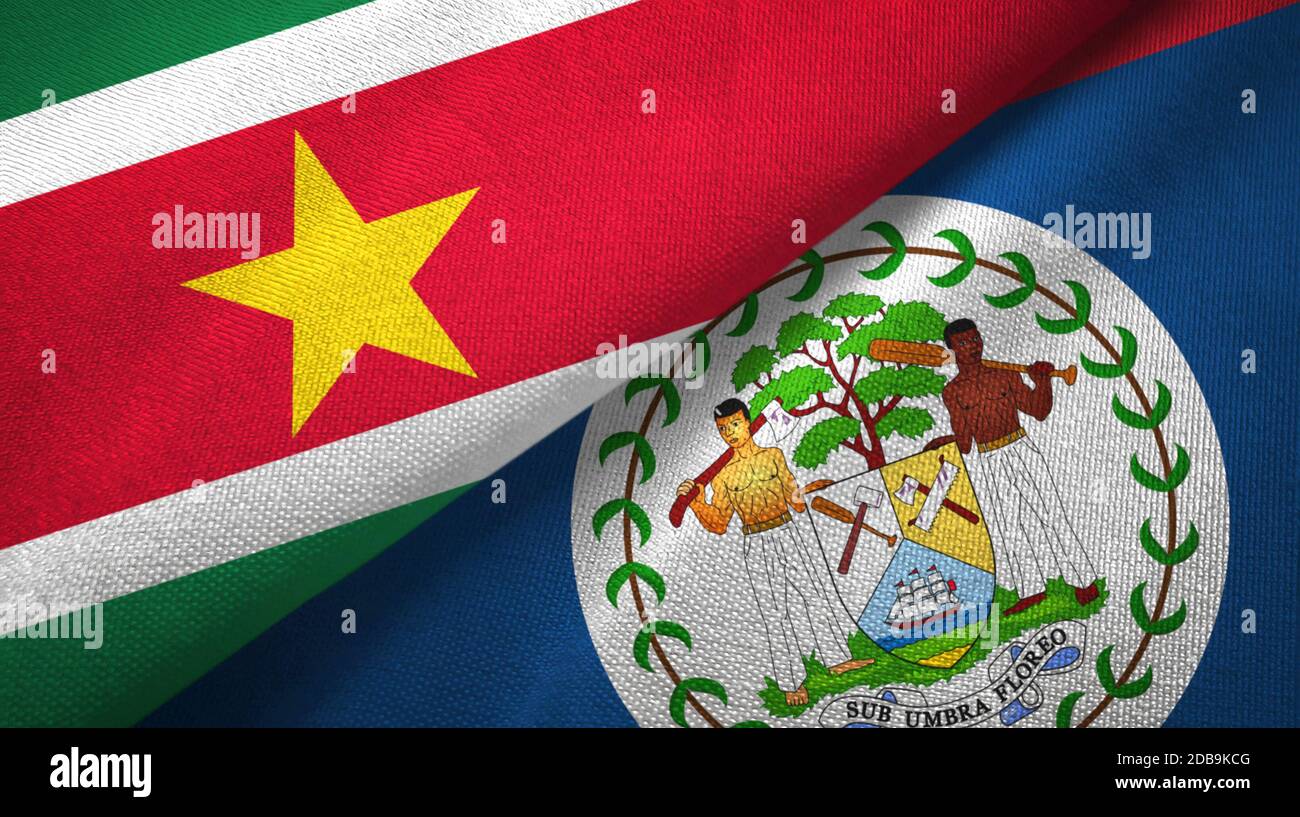 Suriname and Belize two flags textile cloth, fabric texture Stock Photo ...
