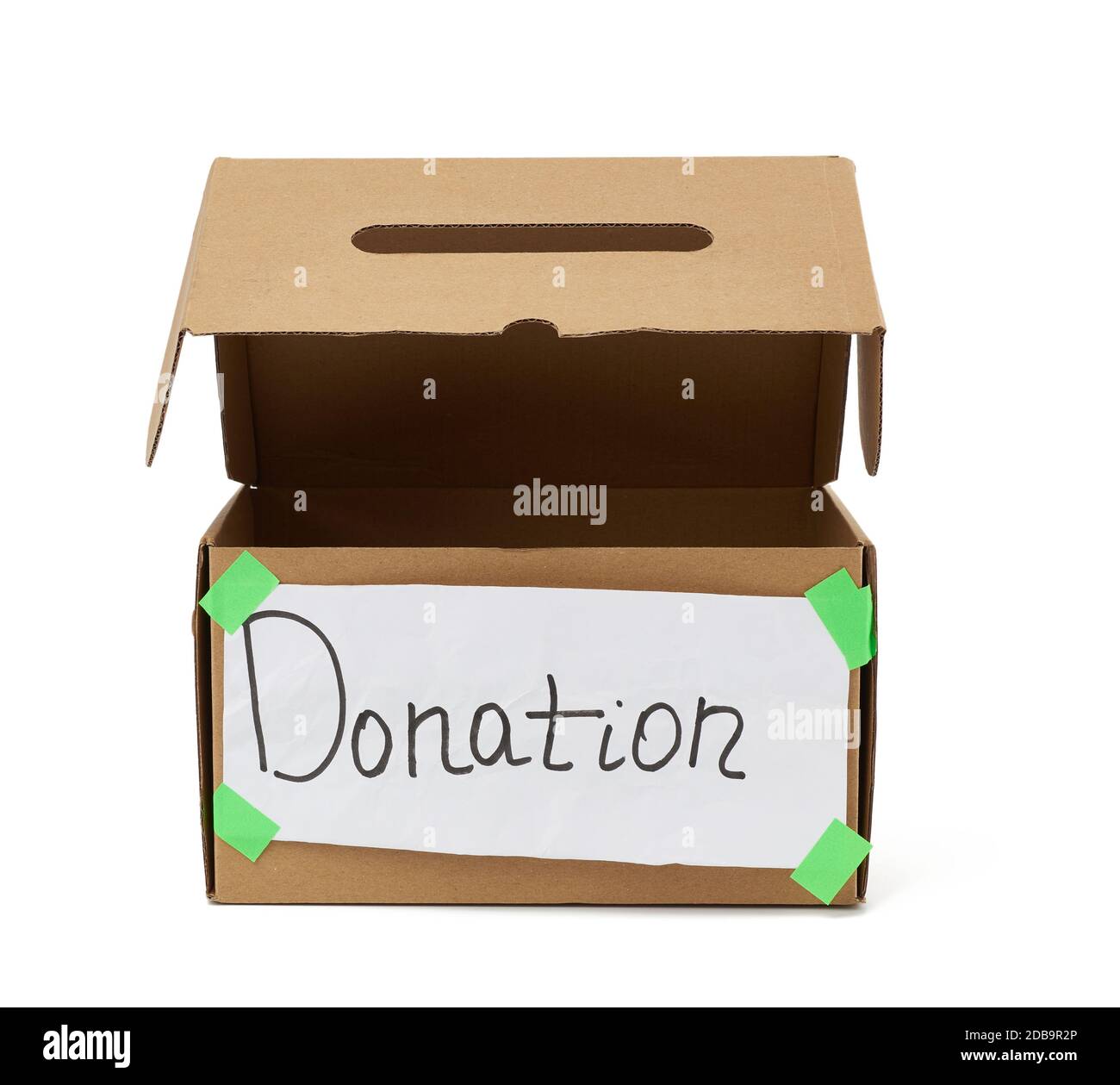 open empty brown cardboard box with a pasted white sheet and the ...