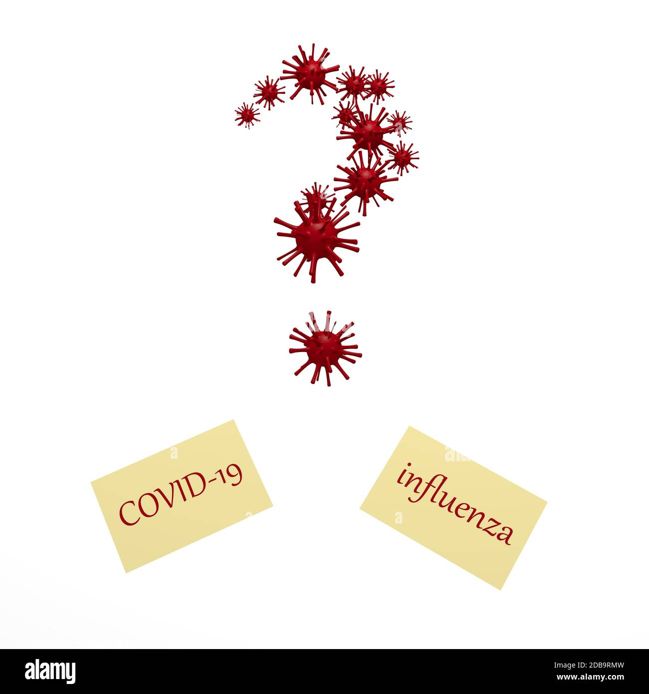 Big question mark, virus icons and sticky notes with the words covid-19 ...