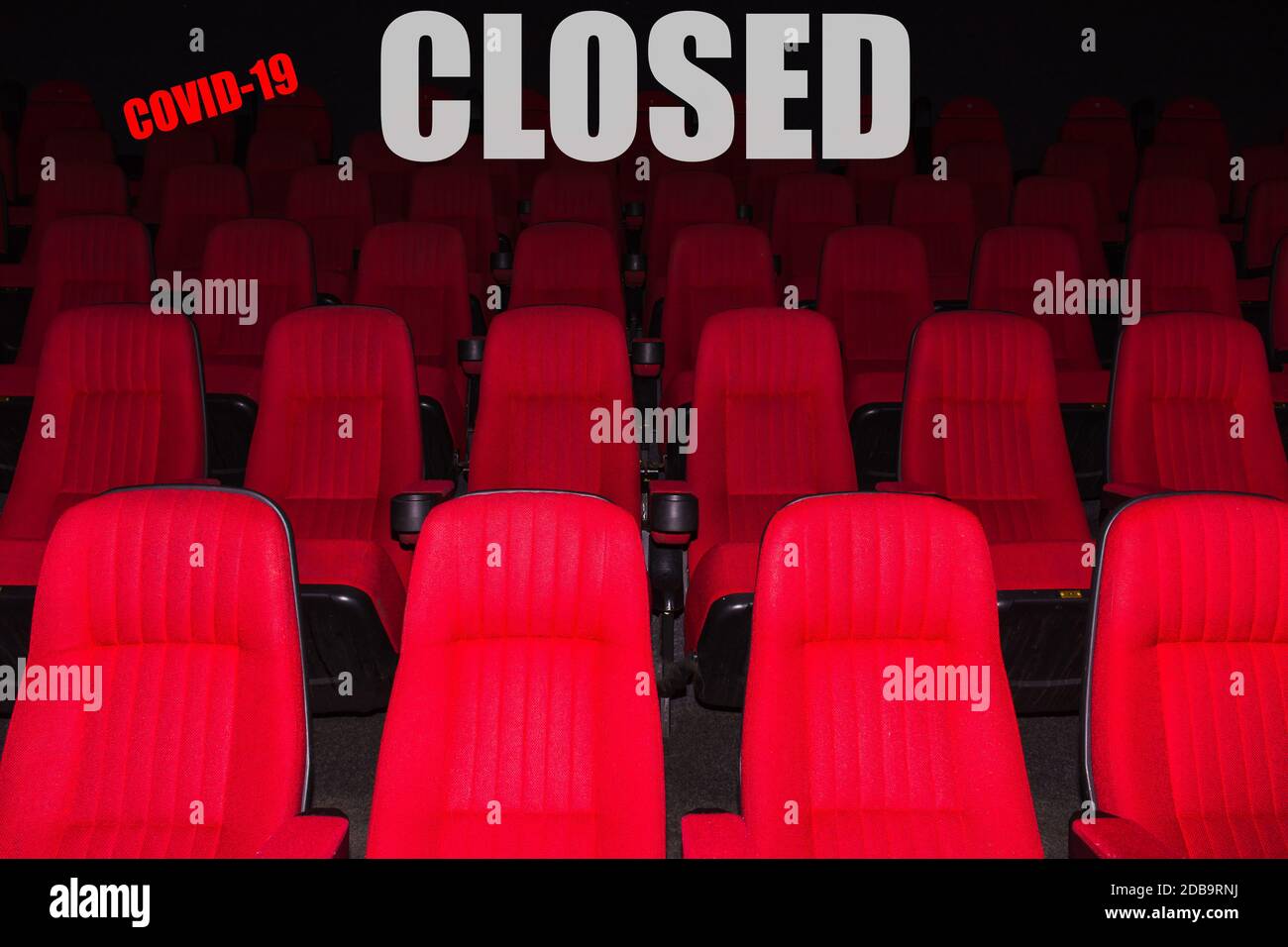 The empty movie theater with red seats. Conceptual image about closed ...