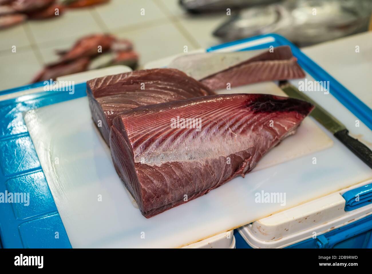 Fresh Fillet of Big Tuna on a counter at a fish market in Male ...