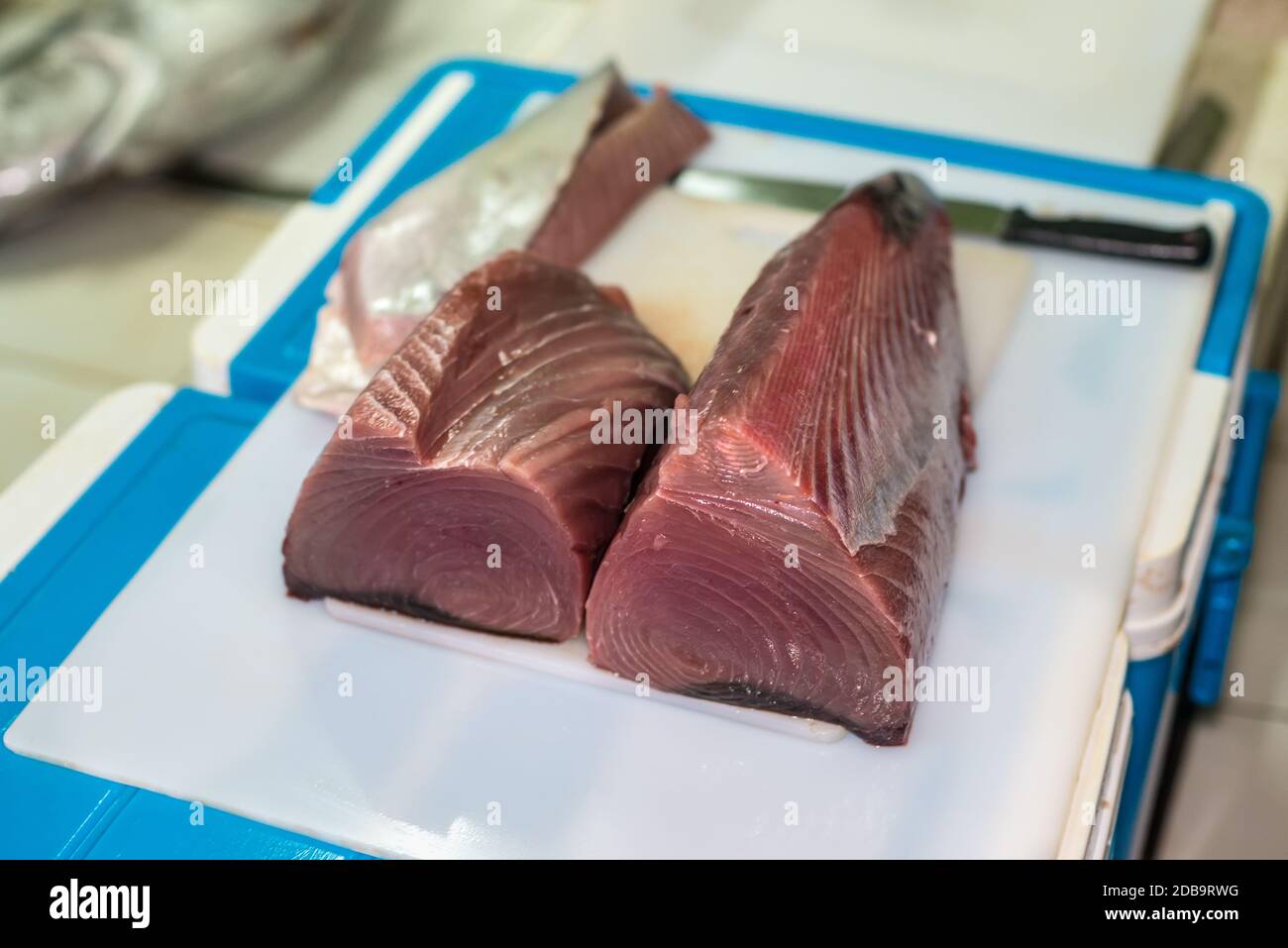 Fresh Fillet of Big Tuna on a counter at a fish market in Male ...