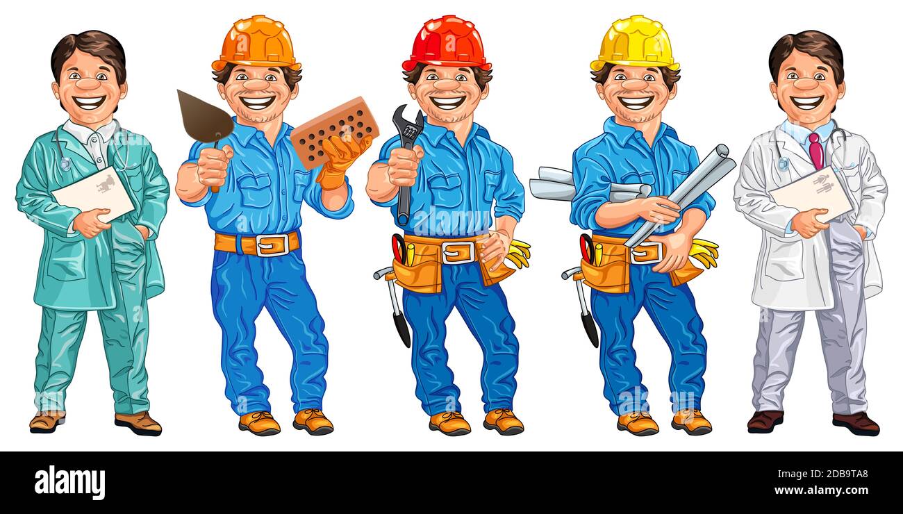 Vector set of happy doctor, veterinarian, locksmith with the adjustable ...