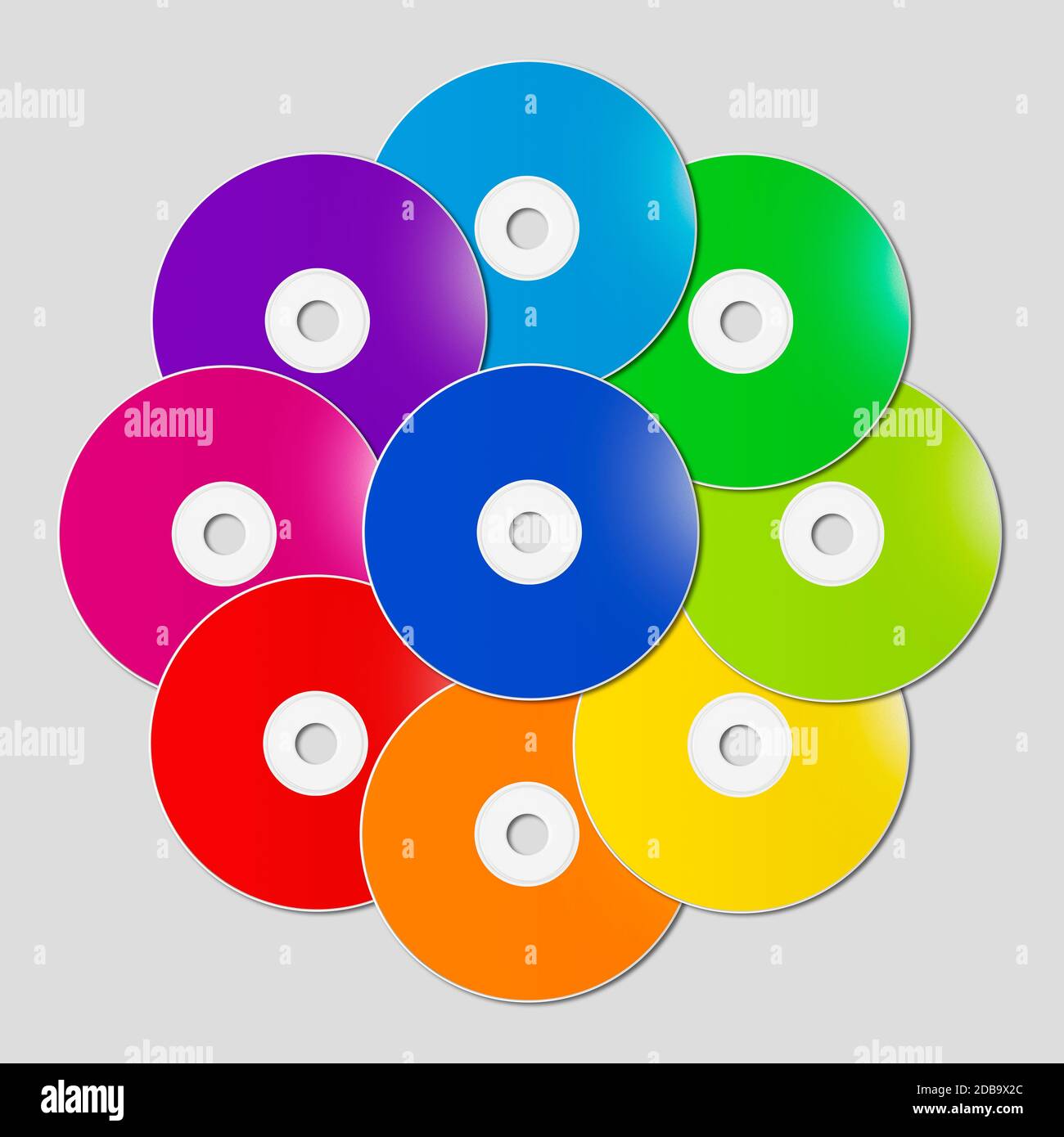 Colorful rainbow CD - DVD range in a circle shape isolated on grey ...