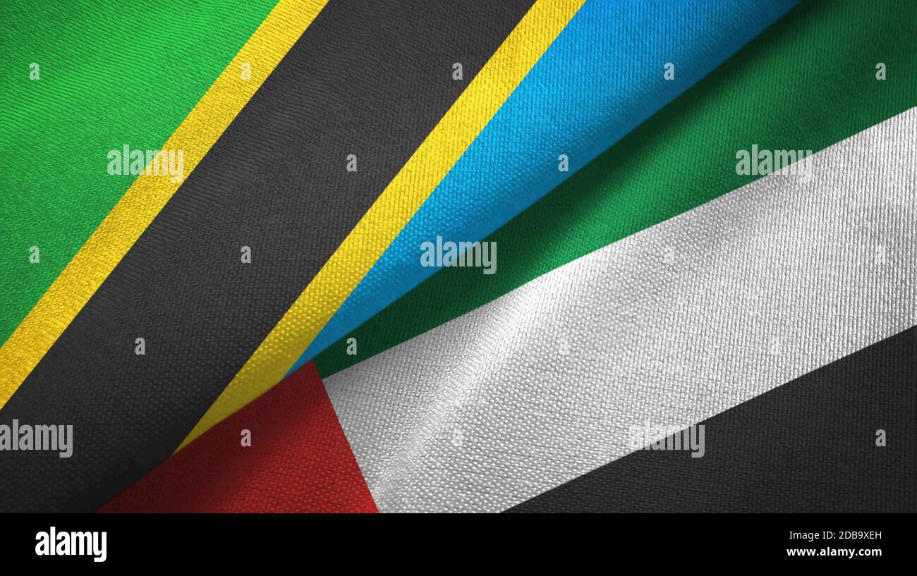 Tanzania and United Arab Emirates two flags textile cloth, fabric ...