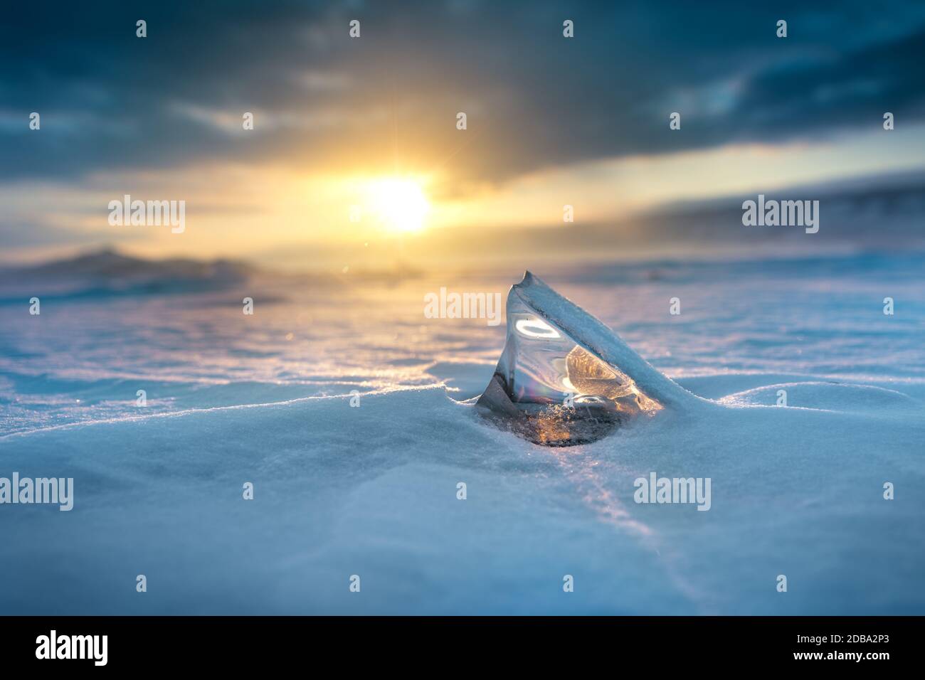 Natural breaking ice over frozen water lake, Baikal Russia winter ...