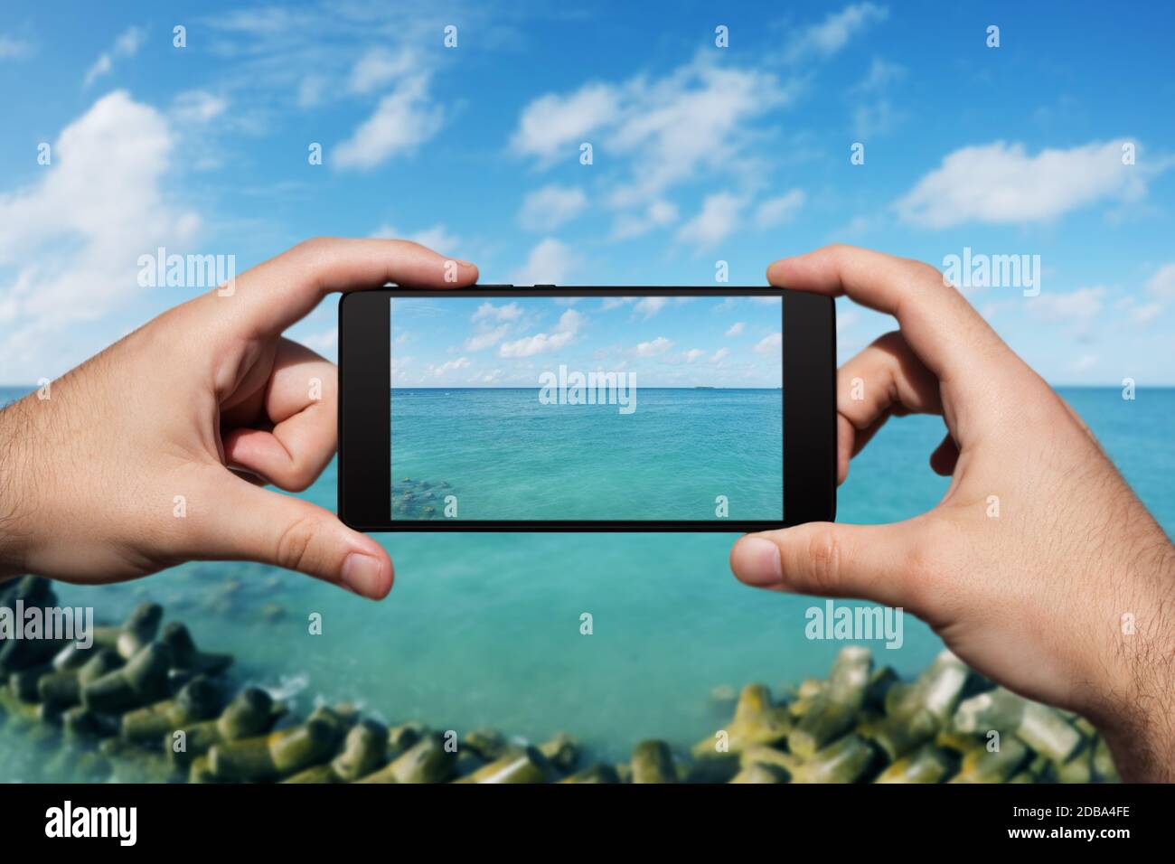 Photographing With Smartphone At Tropical Island Beach. Summer Vacation ...