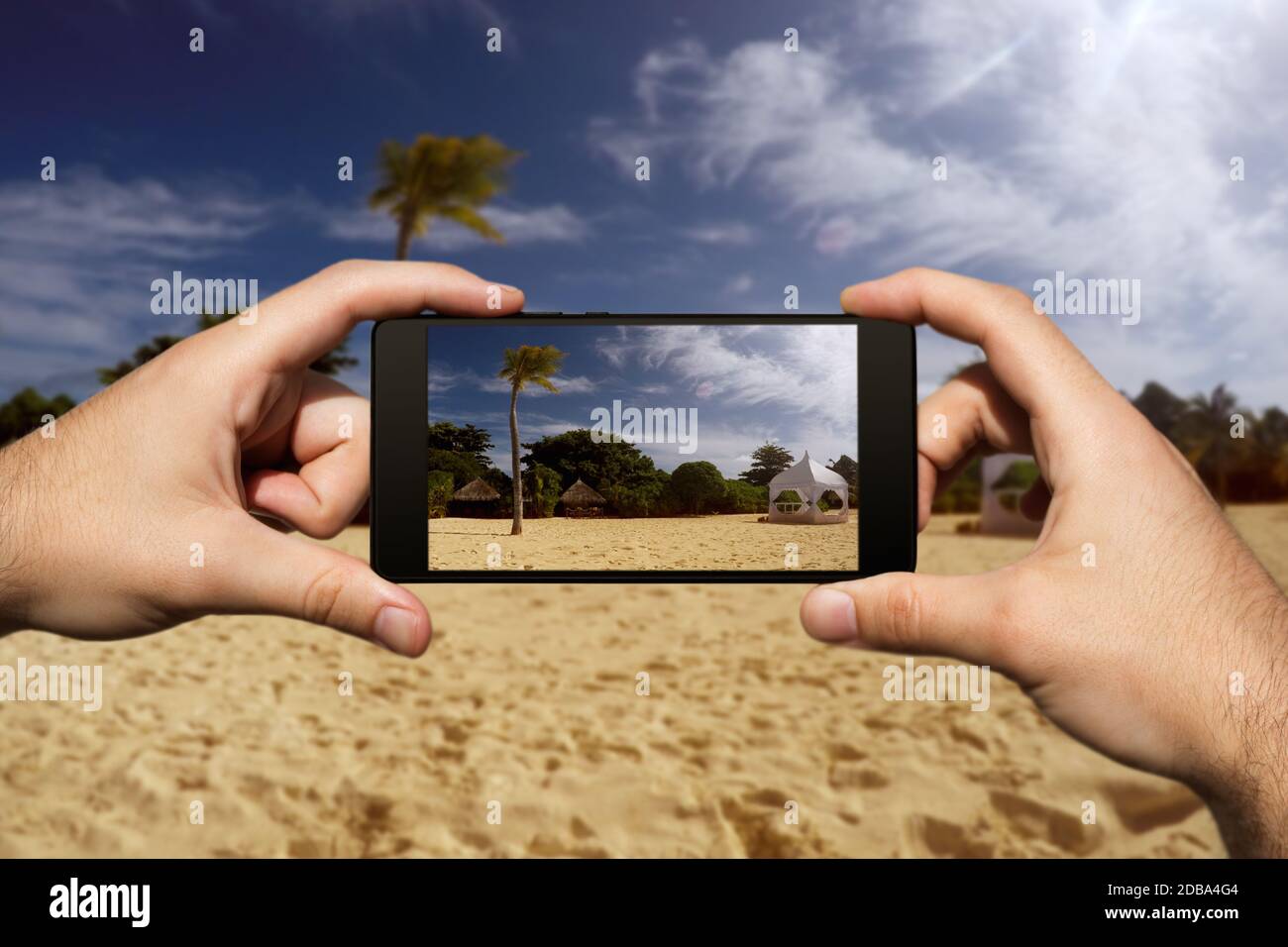 Photographing With Smartphone At Tropical Island Beach. Summer Vacation ...