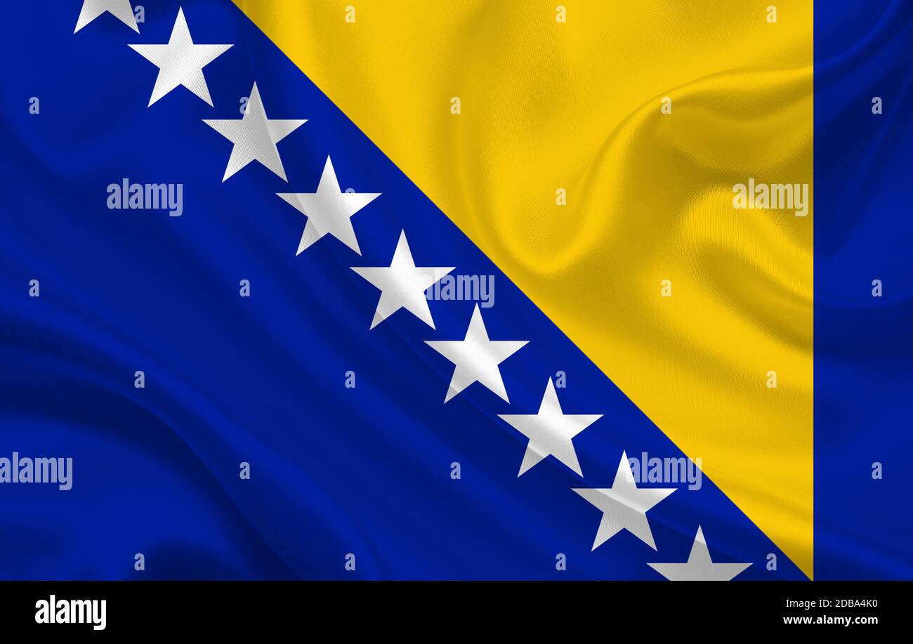 Bosnia and Hercegovina country flag on wavy silk fabric panorama ...