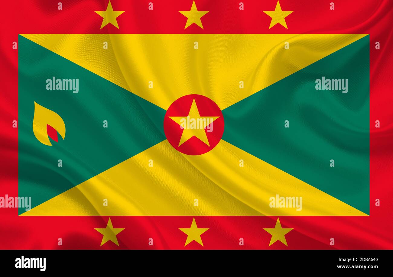 Grenada country flag on wavy silk fabric background panorama ...