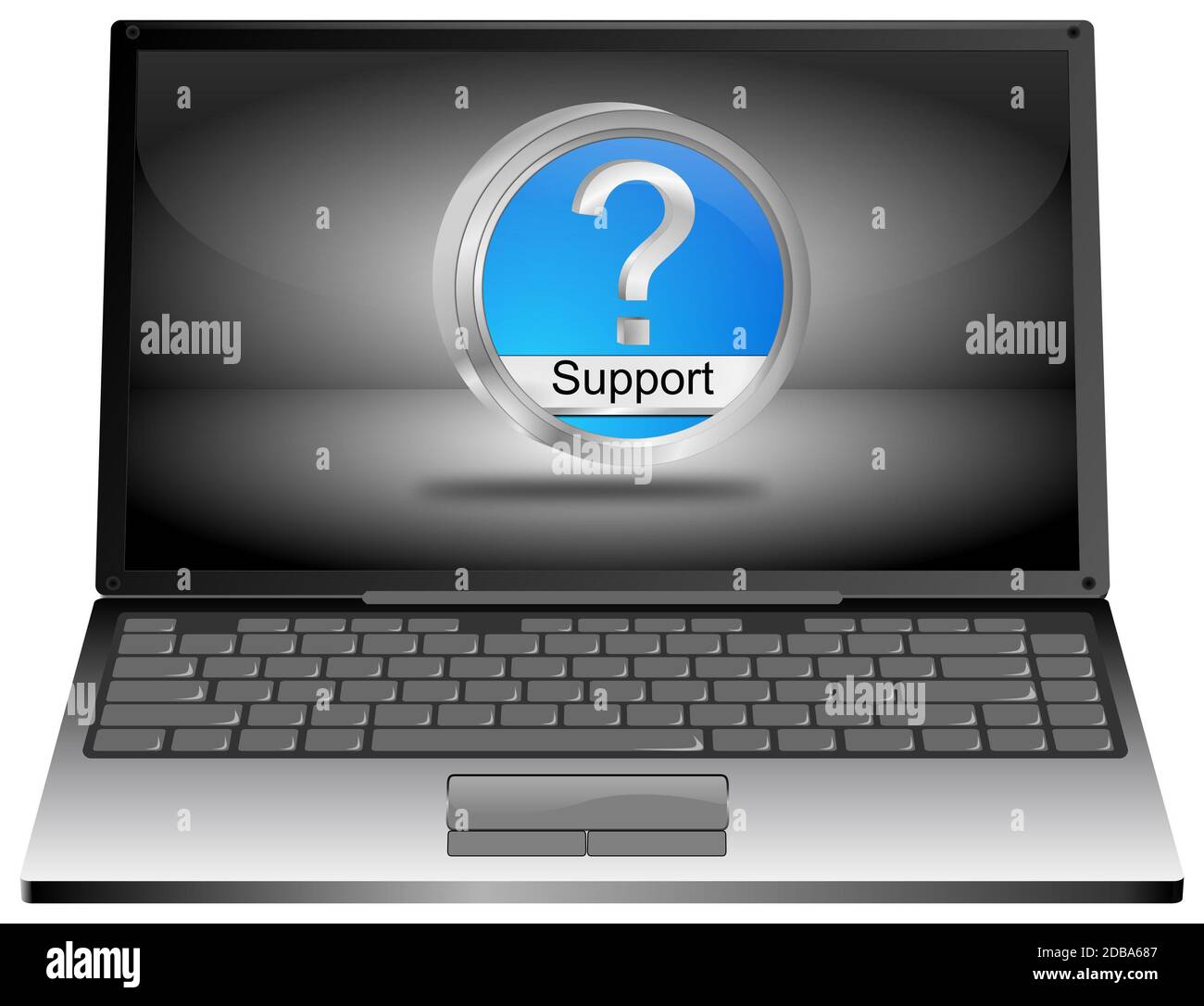 Laptop computer with blue Support Button on silver desktop - 3D ...