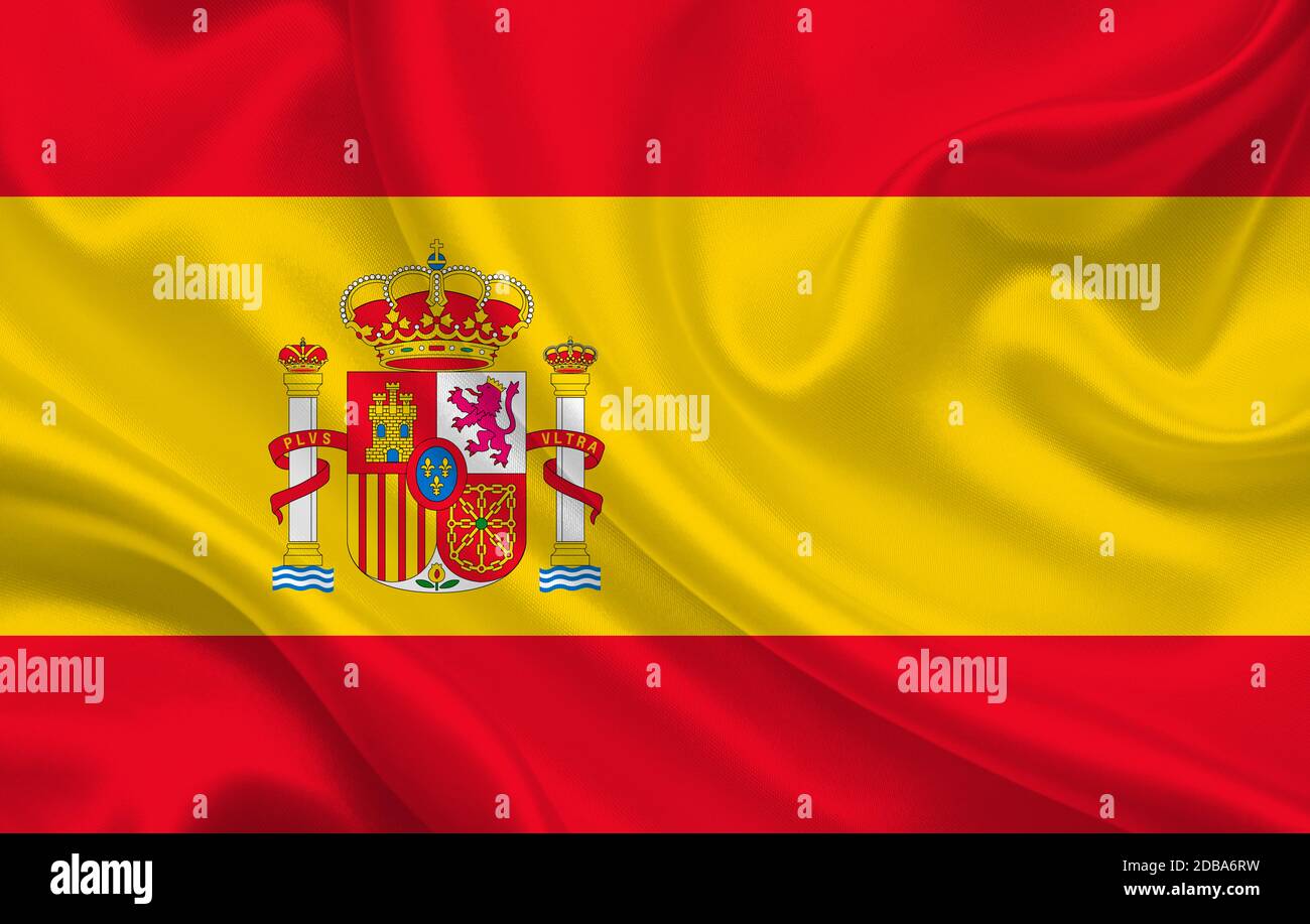 Spain country flag on wavy silk fabric background panorama ...