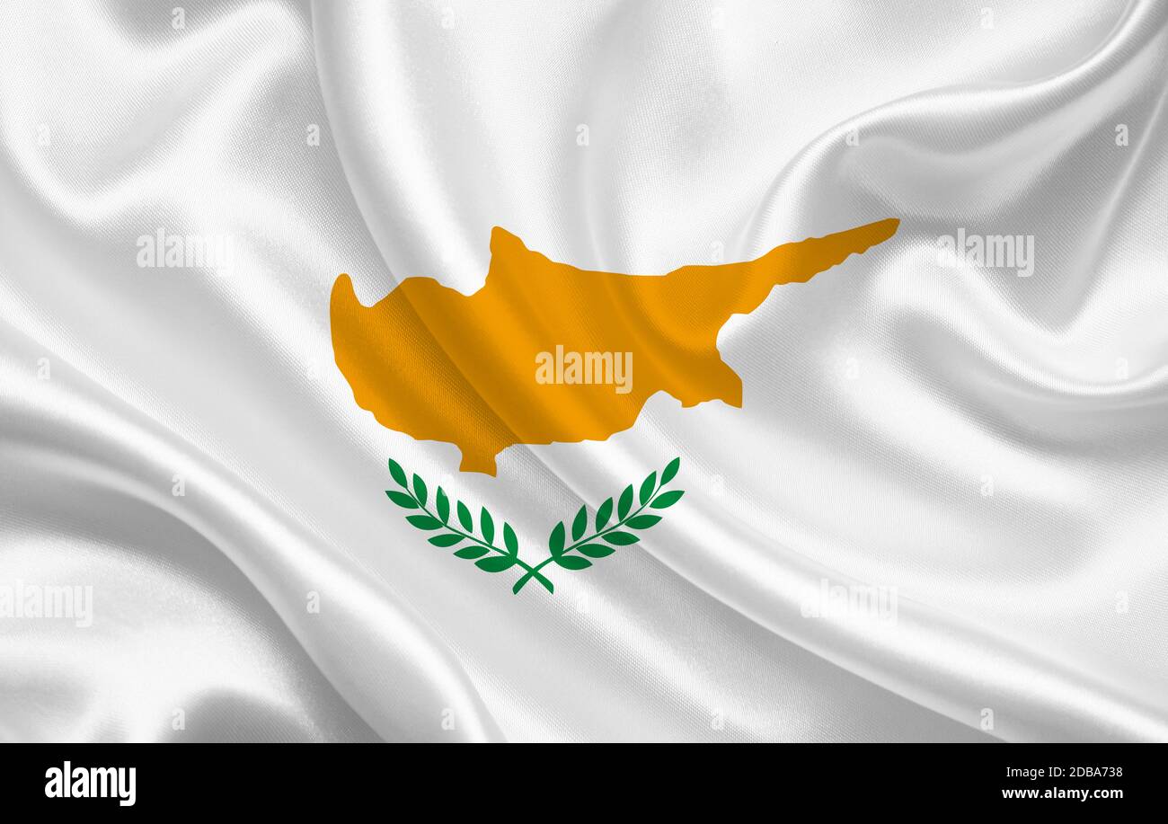 Cyprus country flag on wavy silk fabric background panorama ...