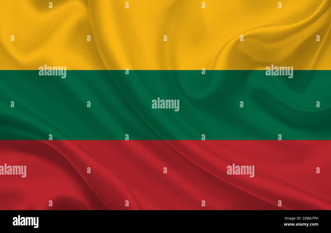 Flag of lithuania country on wavy silk fabric background panorama ...