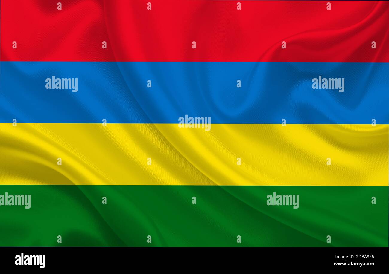 Mauritius country flag on wavy silk fabric panorama background ...
