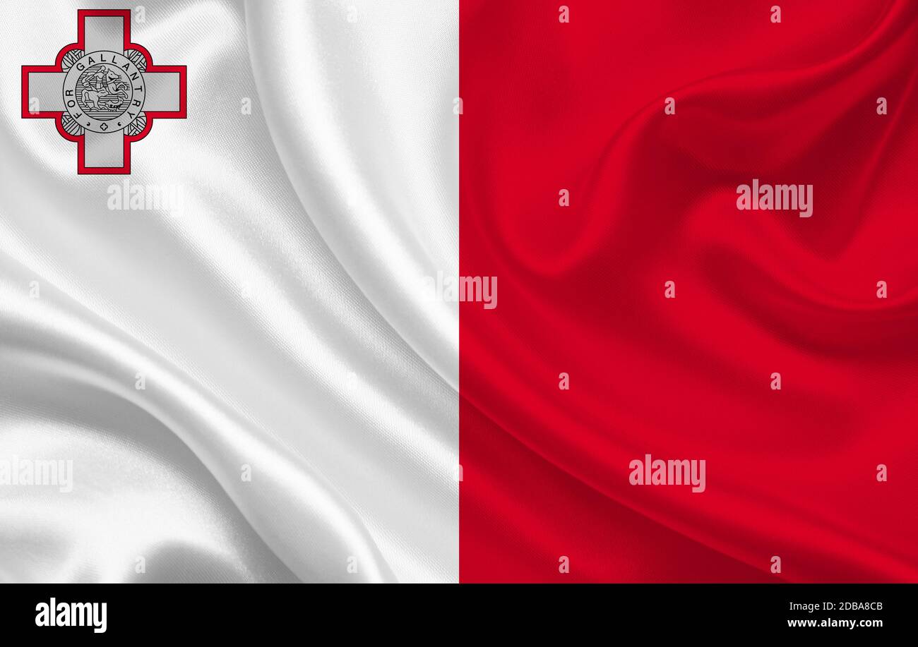 Malta country flag on wavy silk fabric background panorama ...