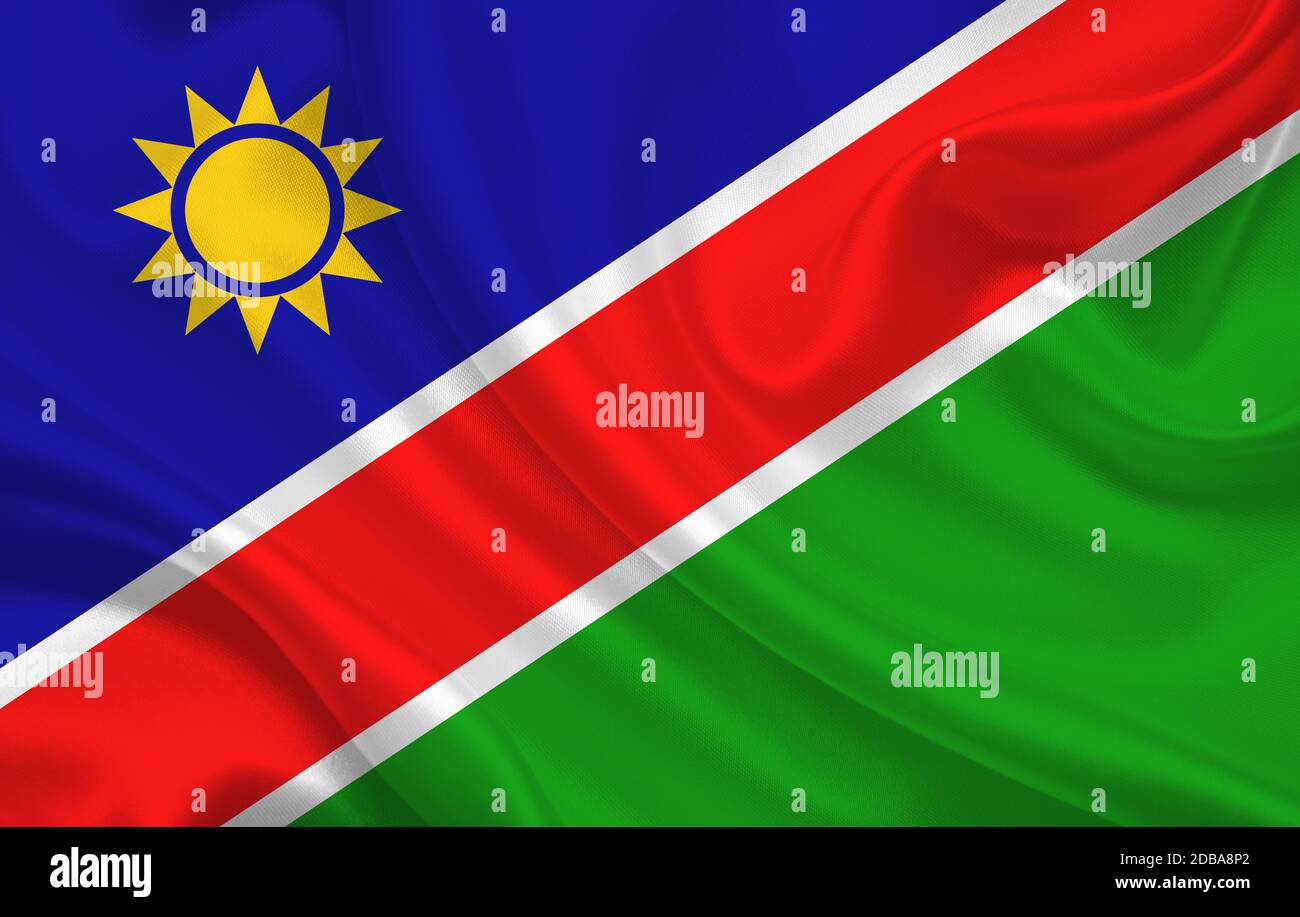 Namibia country flag on wavy silk fabric background panorama ...