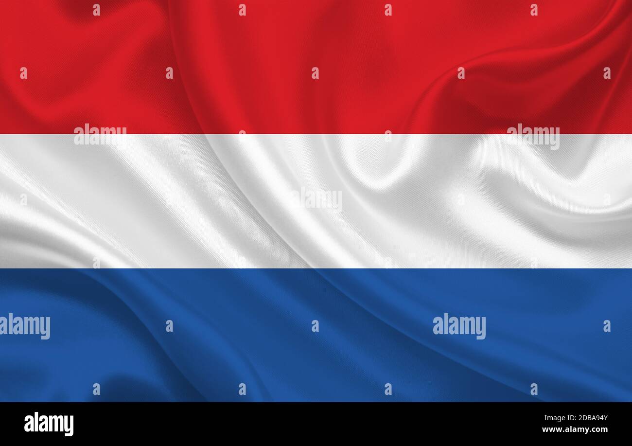 Netherlands country flag on wavy silk fabric background panorama ...
