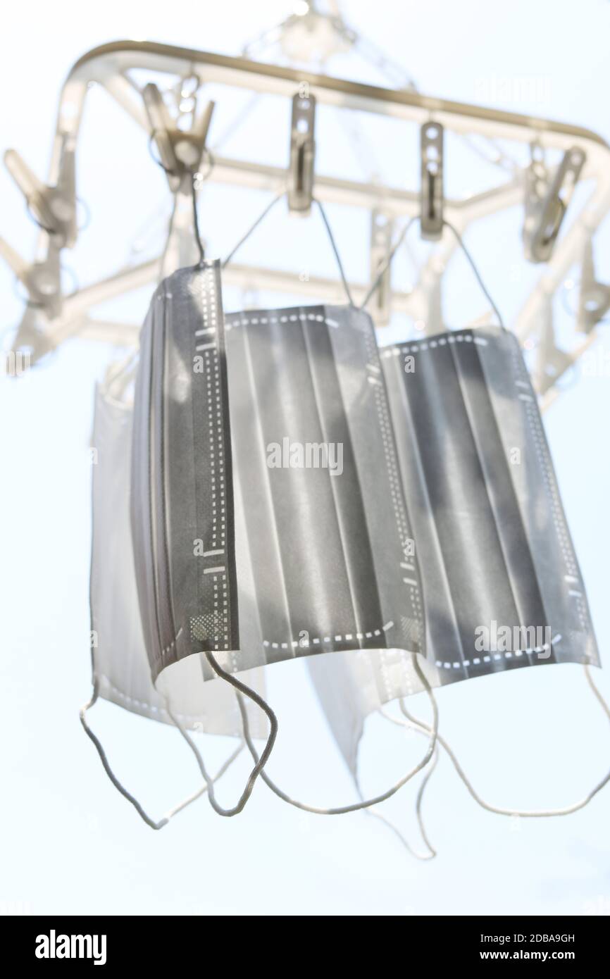 Hanging surgical masks out to dry on a sunny day Stock Photo - Alamy