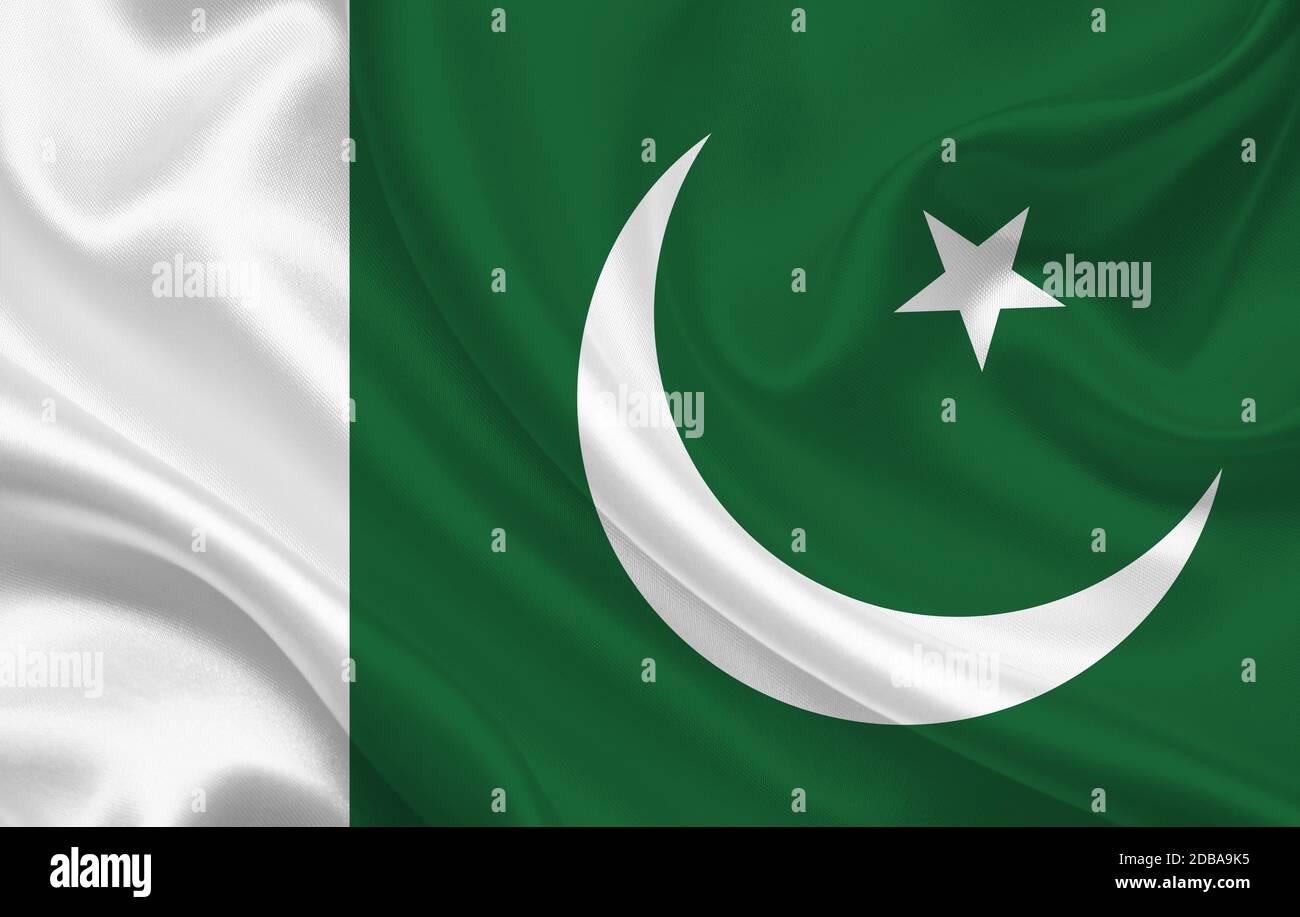 Pakistan country flag on wavy silk fabric background panorama ...