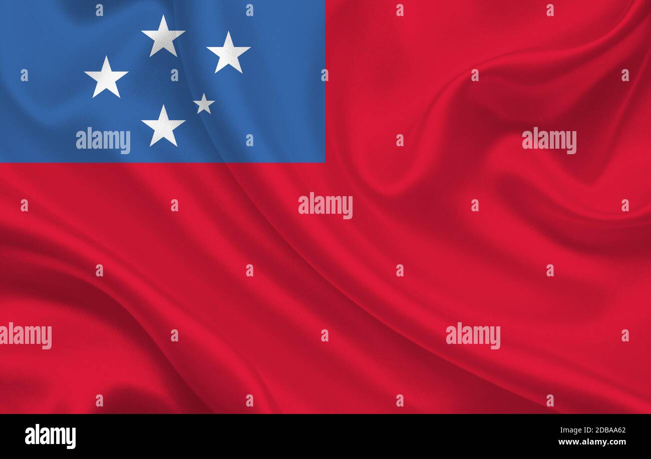Samoa country flag on wavy silk fabric background panorama ...