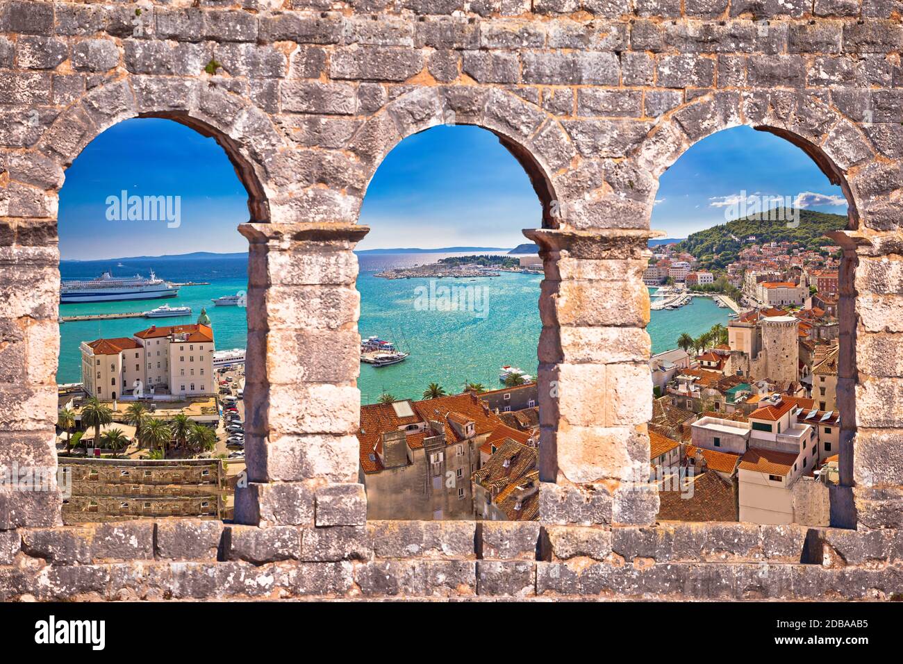 Split waterfront aerial panoramic view through stone window, Dalmatia ...