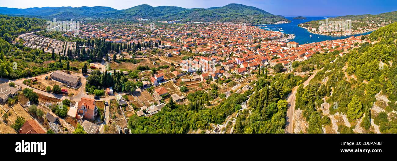 Town of Vela Luka on Korcula island aerial panoramic view, archipelago ...