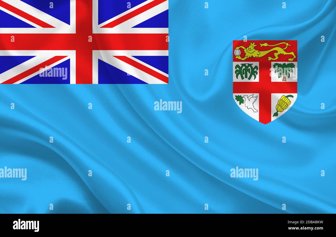 Fiji country flag on wavy silk fabric background panorama ...