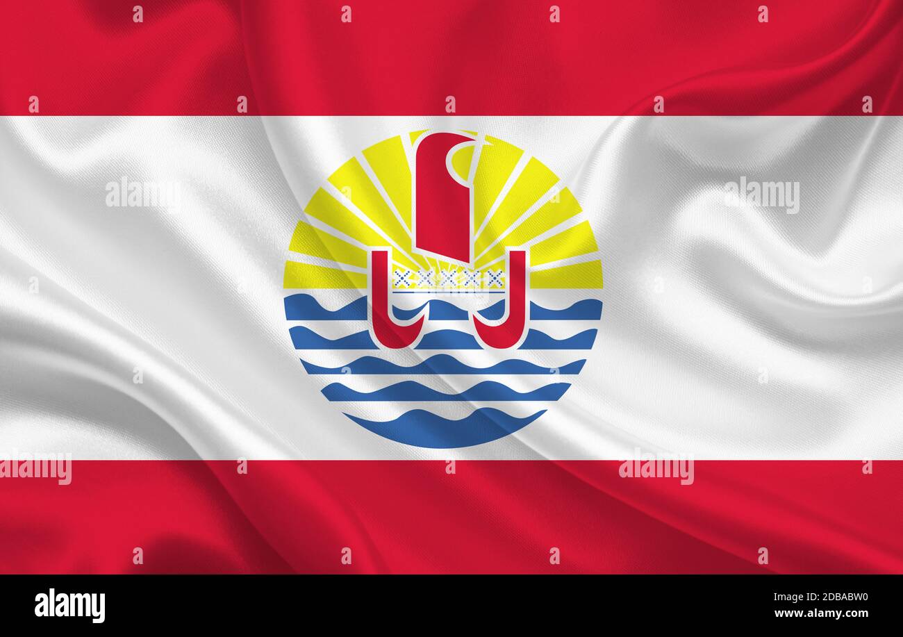 Polynesia country flag on wavy silk fabric background panorama ...