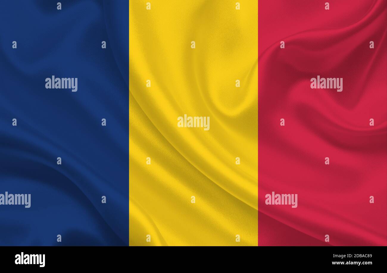 Chad country flag on wavy silk fabric background panorama ...