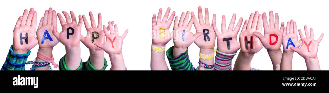 Children Hands Building Colorful English Word Happy Birthday. White ...