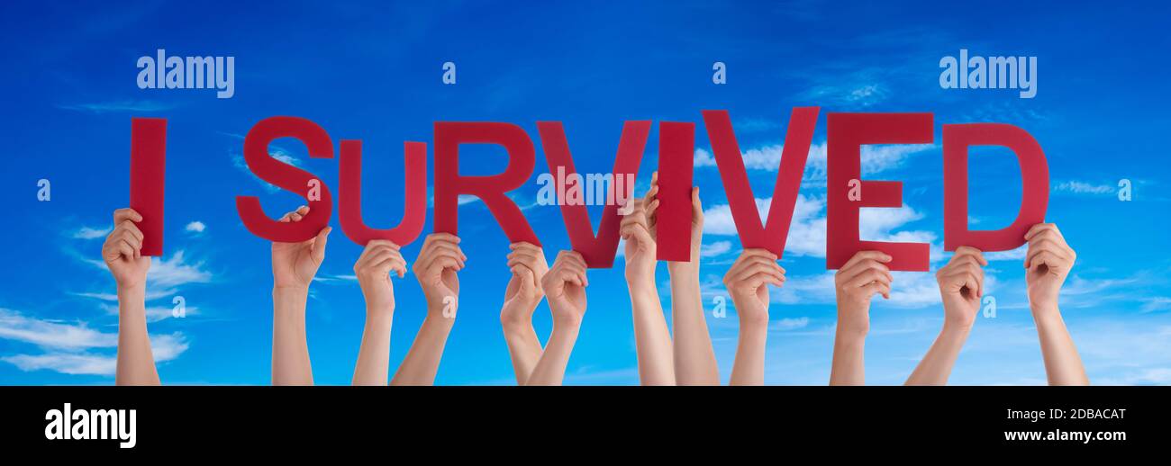 People Hands Holding Colorful English Word I Survived. Blue Sky As ...