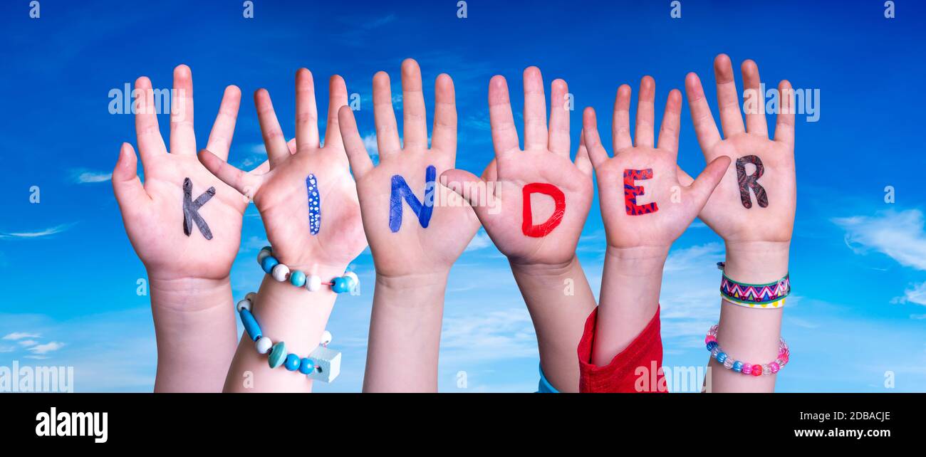 Children Hands Building Colorful German Word Kinder Means Kids. Blue ...