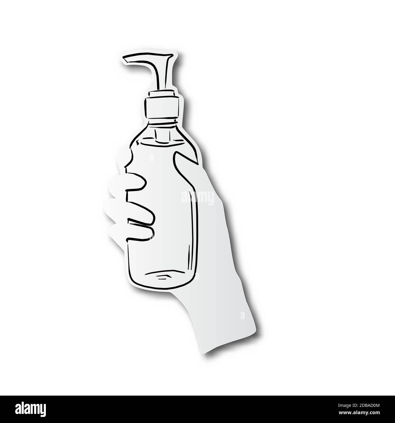 black line hand drawn of hand holding alcohol gel for cleaning on cut paper with shadow isolated ...