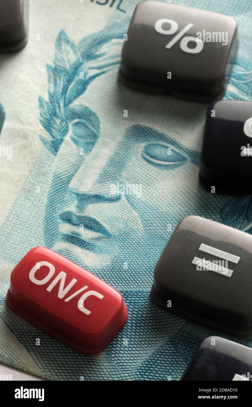 Calculator keys on brazilian currency Stock Photo - Alamy