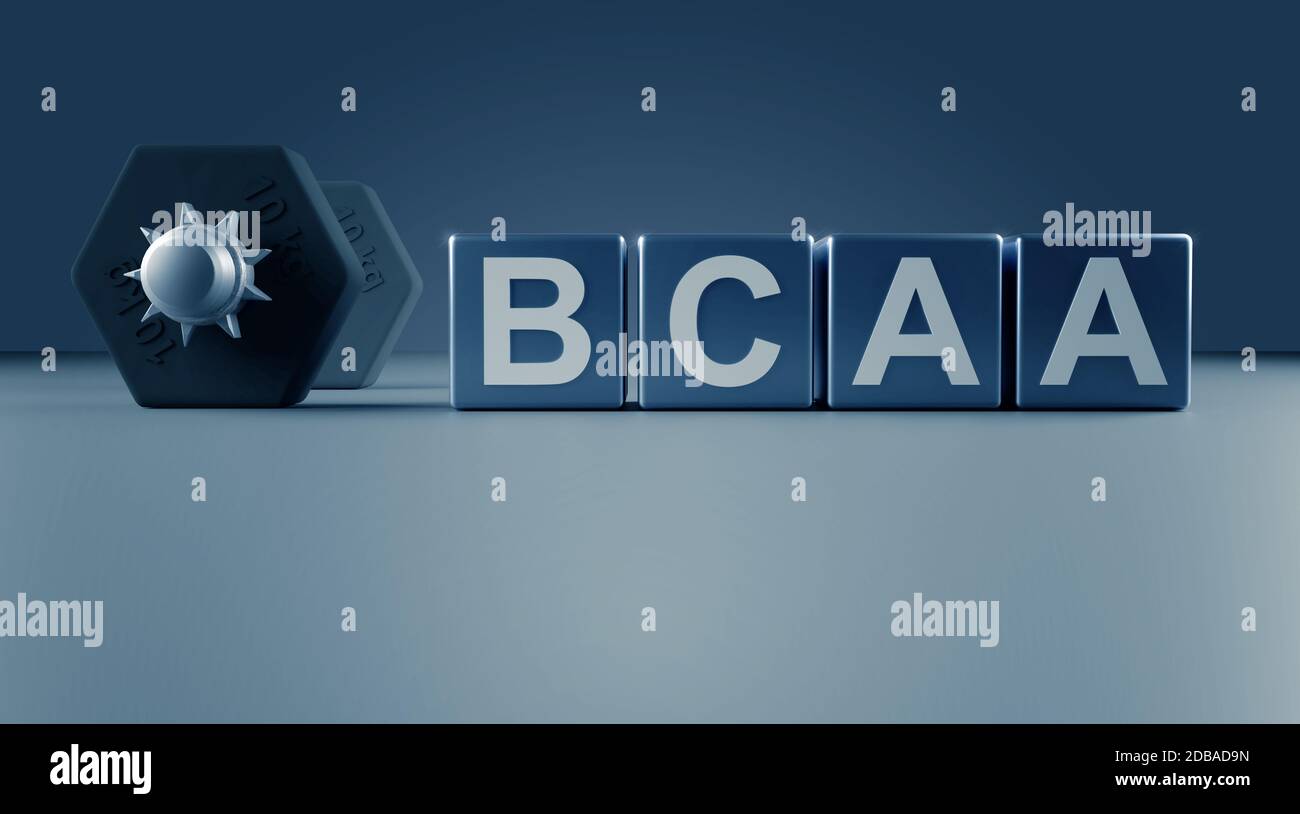 Blocks with the Letters BCAA and a dumbbell on a blue background with ...
