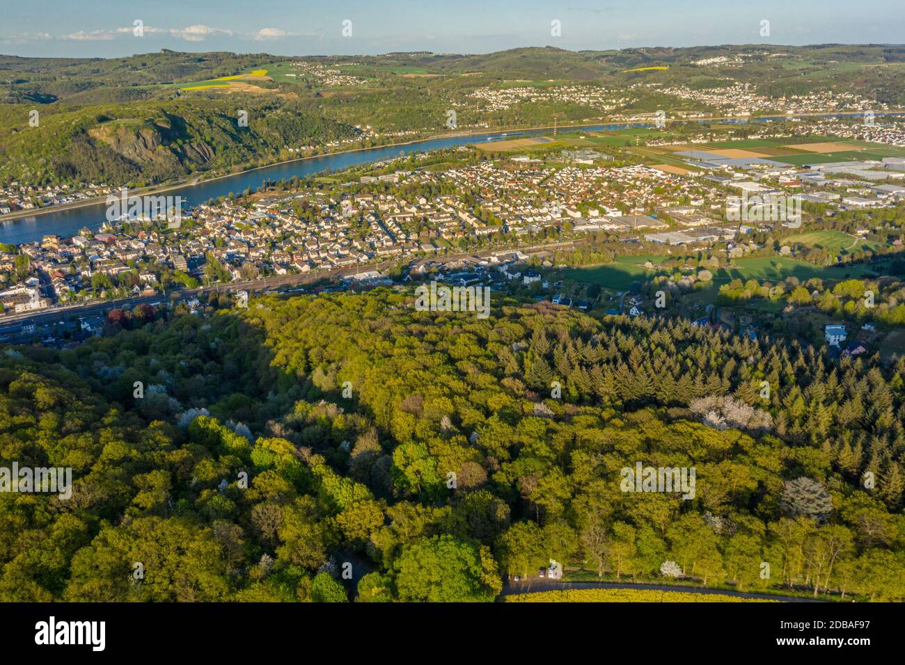 Aerial view of the Rhine Valley and the Cities Remagen and Linz am Rhein springtime Germany ...