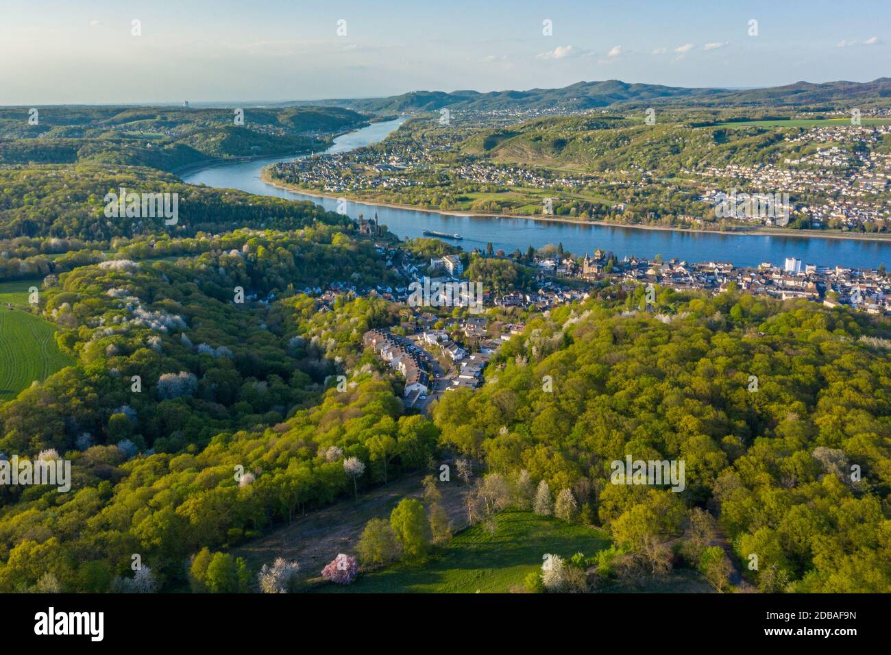 Aerial view of the Rhine Valley and the Cities Remagen Erpel and Unkel ...