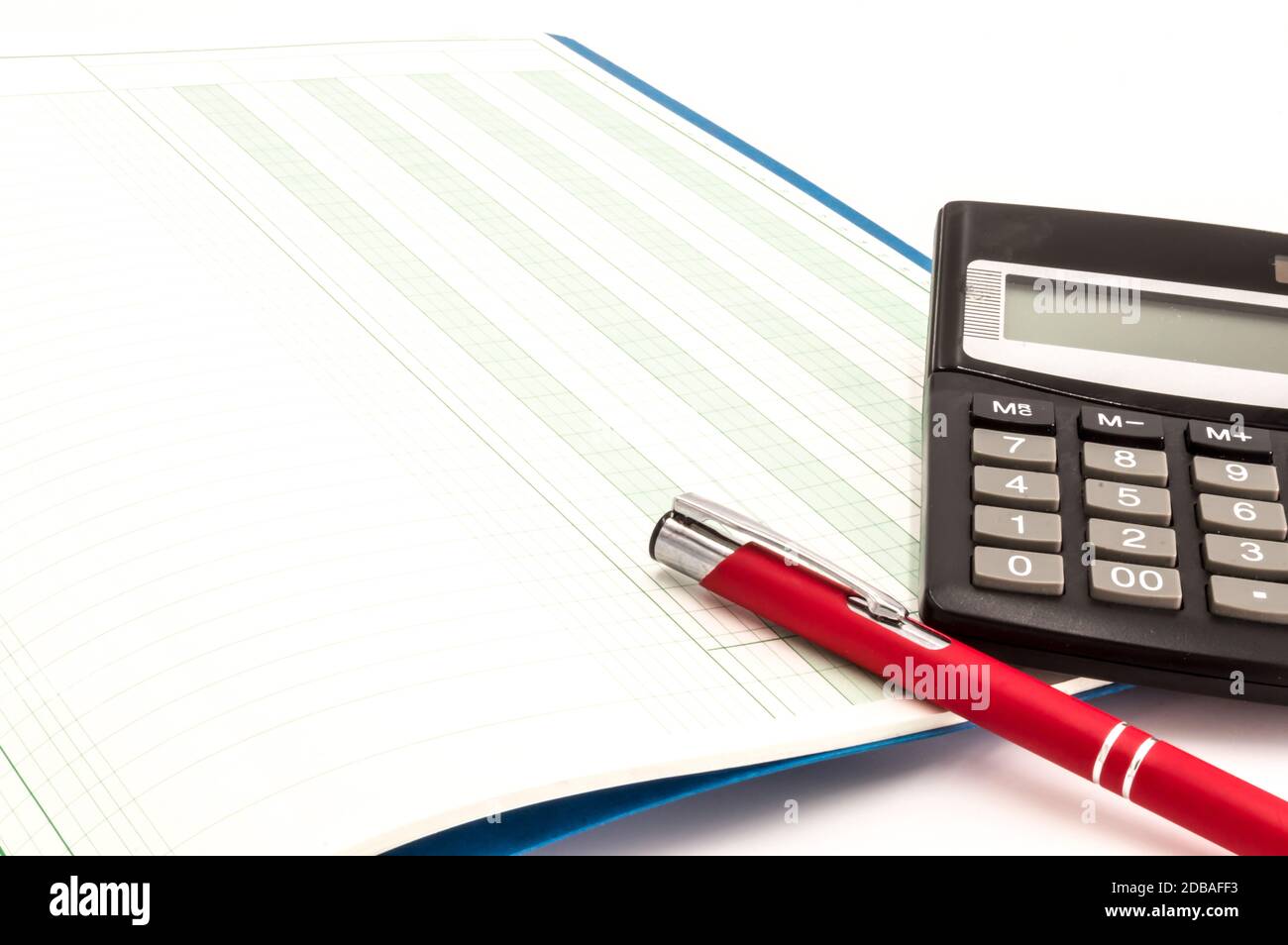 Calculator and pen and booklet bank on white background, isolated Stock ...