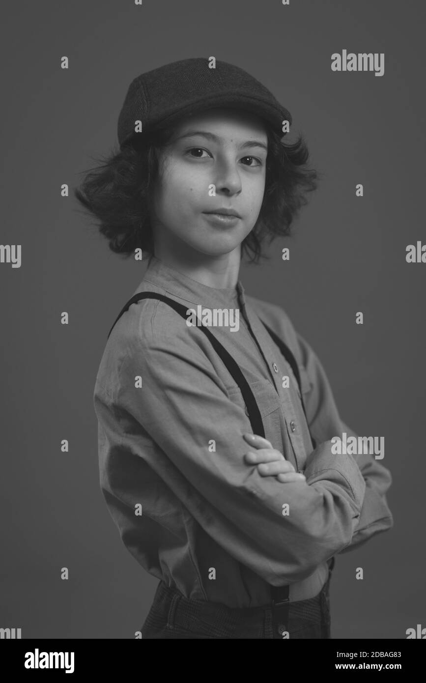 Portrait of a boy in a cap. Black and white Stock Photo - Alamy