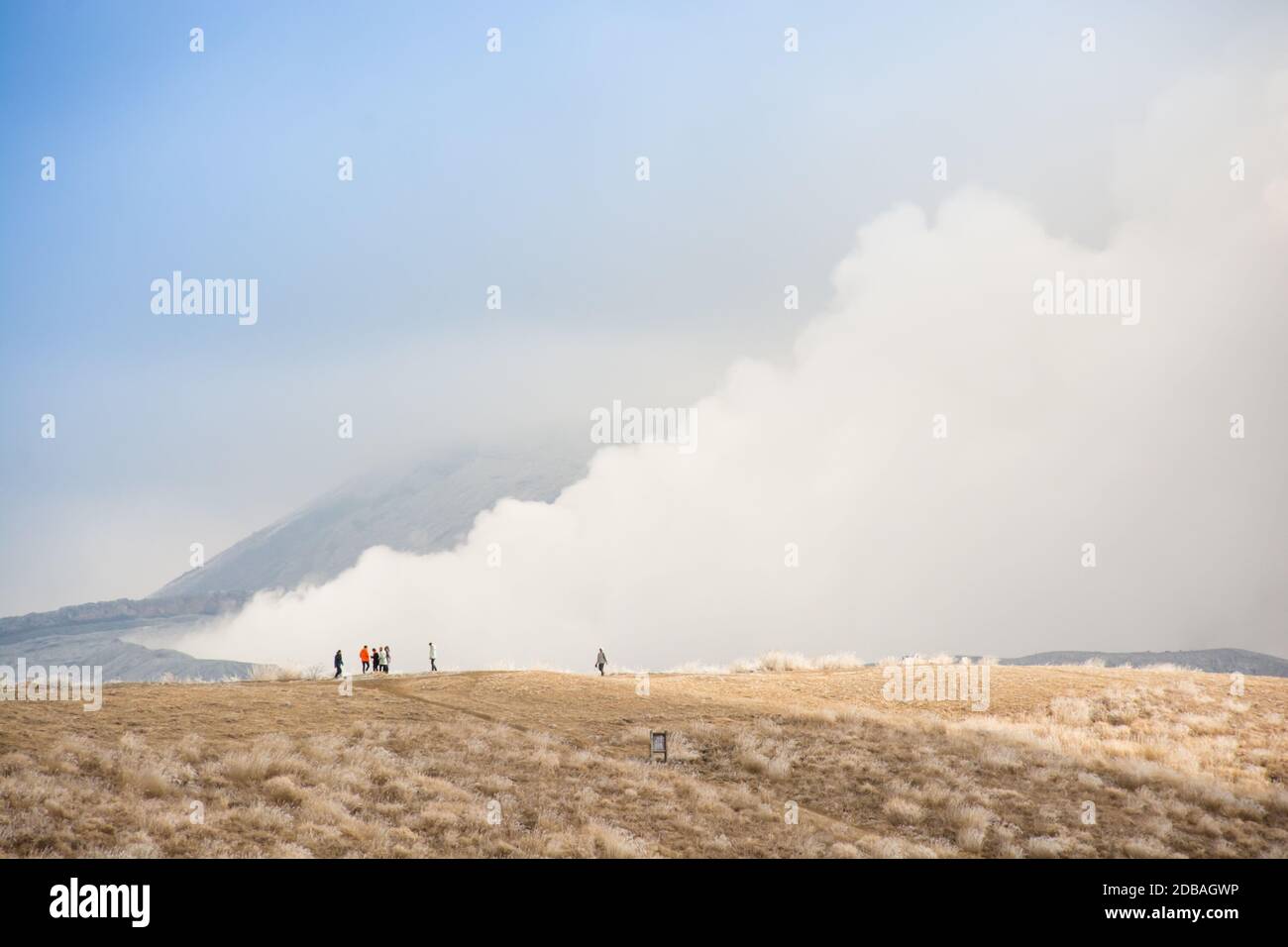 Mount Aso and Kusasenri in winter. covered by golden yellow grassland - Kumamoto, Japan Stock ...