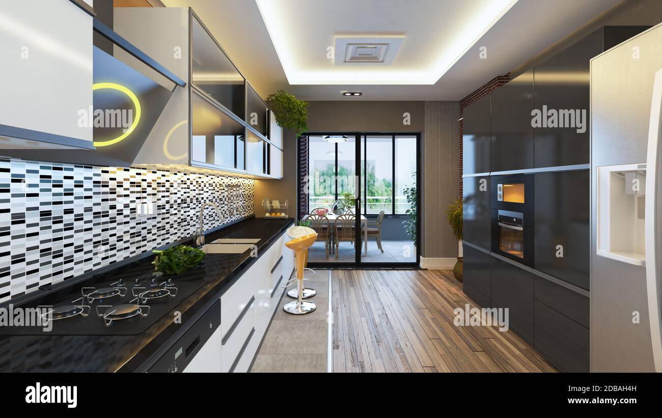 modern kitchen design with balcony realistic 3D rendering Stock Photo ...